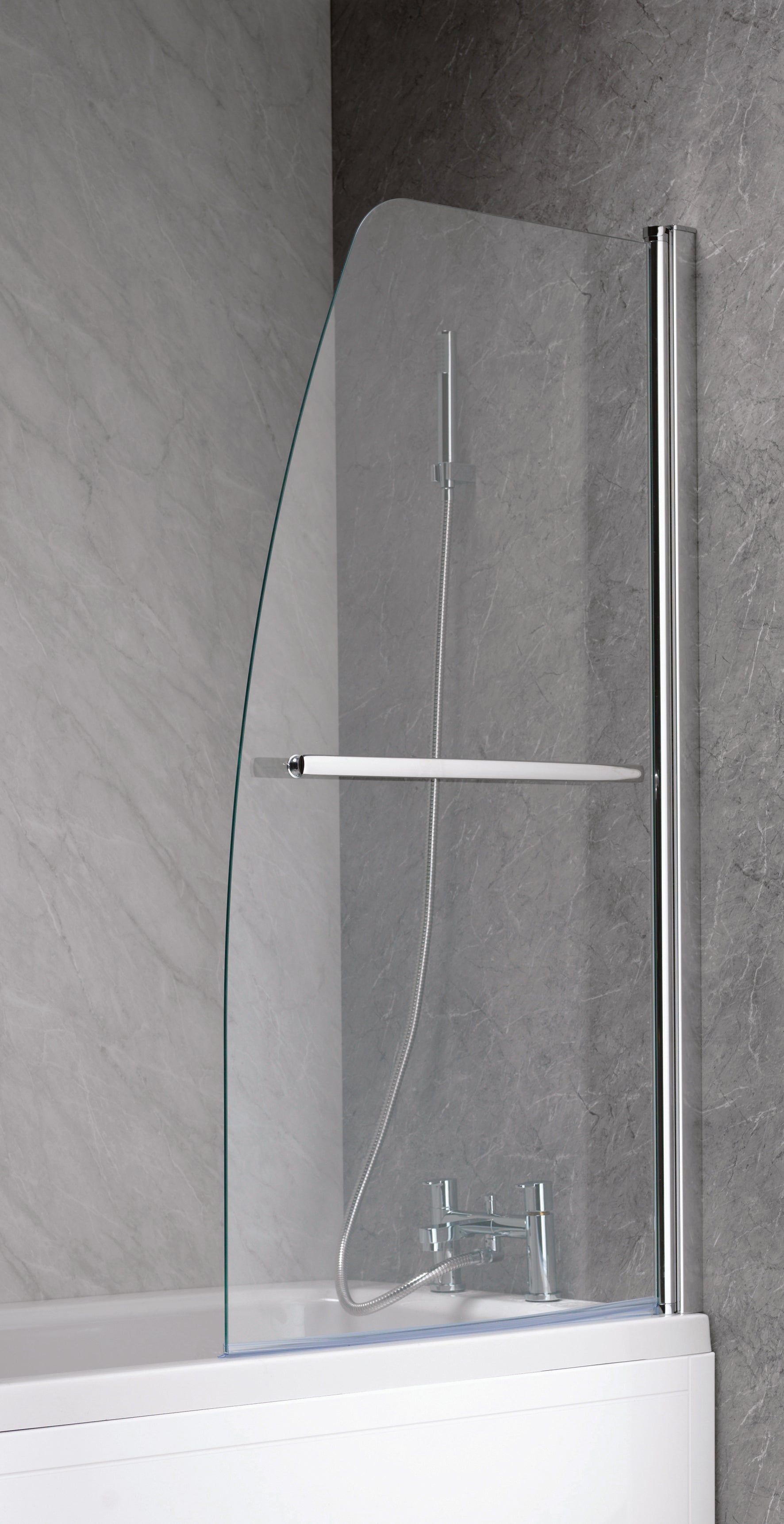 Ascent Half Sail 6mm Curved Hinged Bath Screen Silver Frame, Clear Gla ...