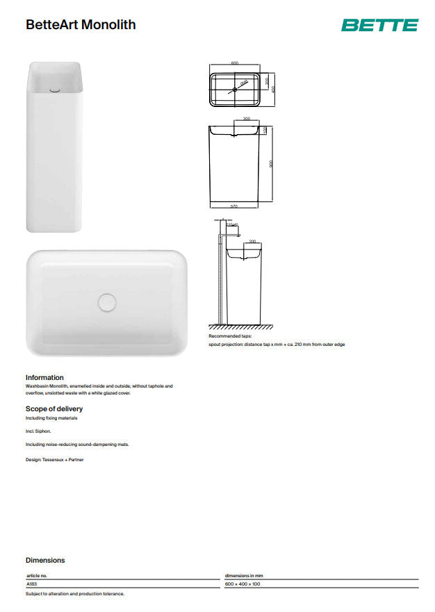 Bette Art Monolith 600 x 400mm No Tap Hole White Steel Basin – Bathdisc