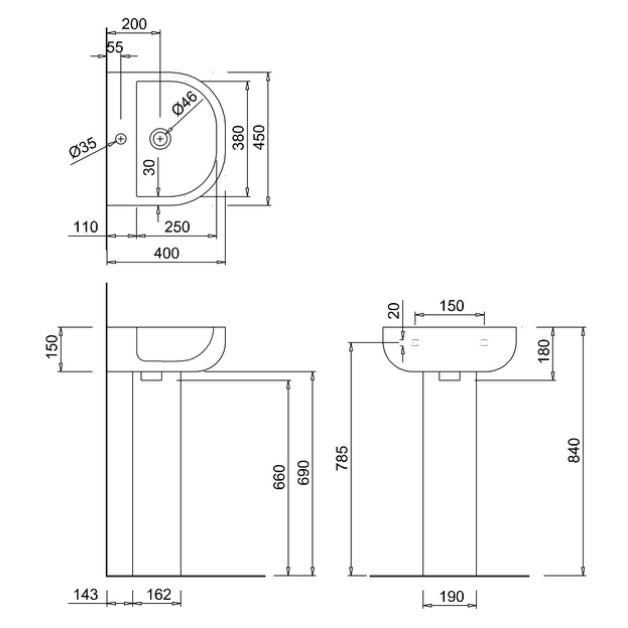 Universal 190 x 162 x 690mm Round Full Pedestal - White – Bathdisc